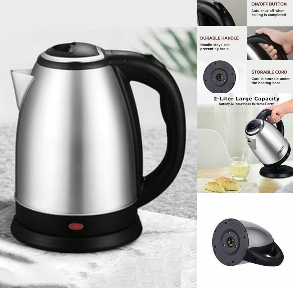 Electric Hot Water Kettle 2 Liters Stainless Steel 1500 Watt Power Fast ...